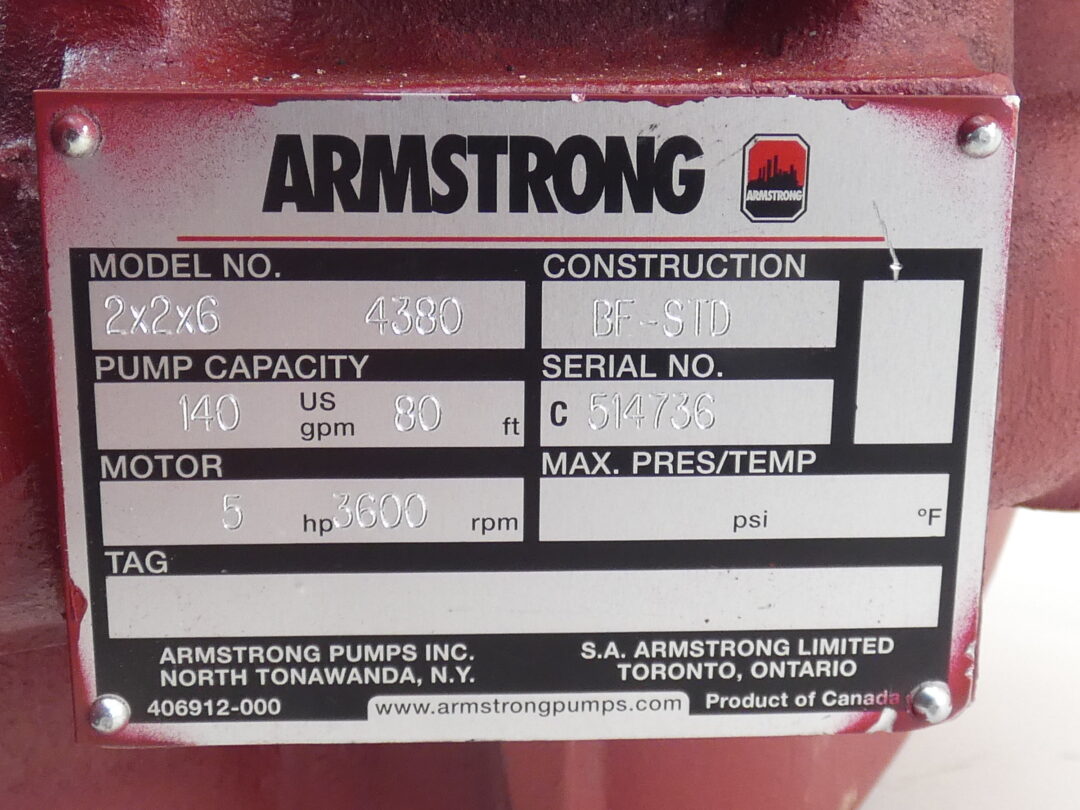 Armstrong 2x2x6 4380 Vertical In-Line Pump with 5 HP Baldor Motor – GPM ...