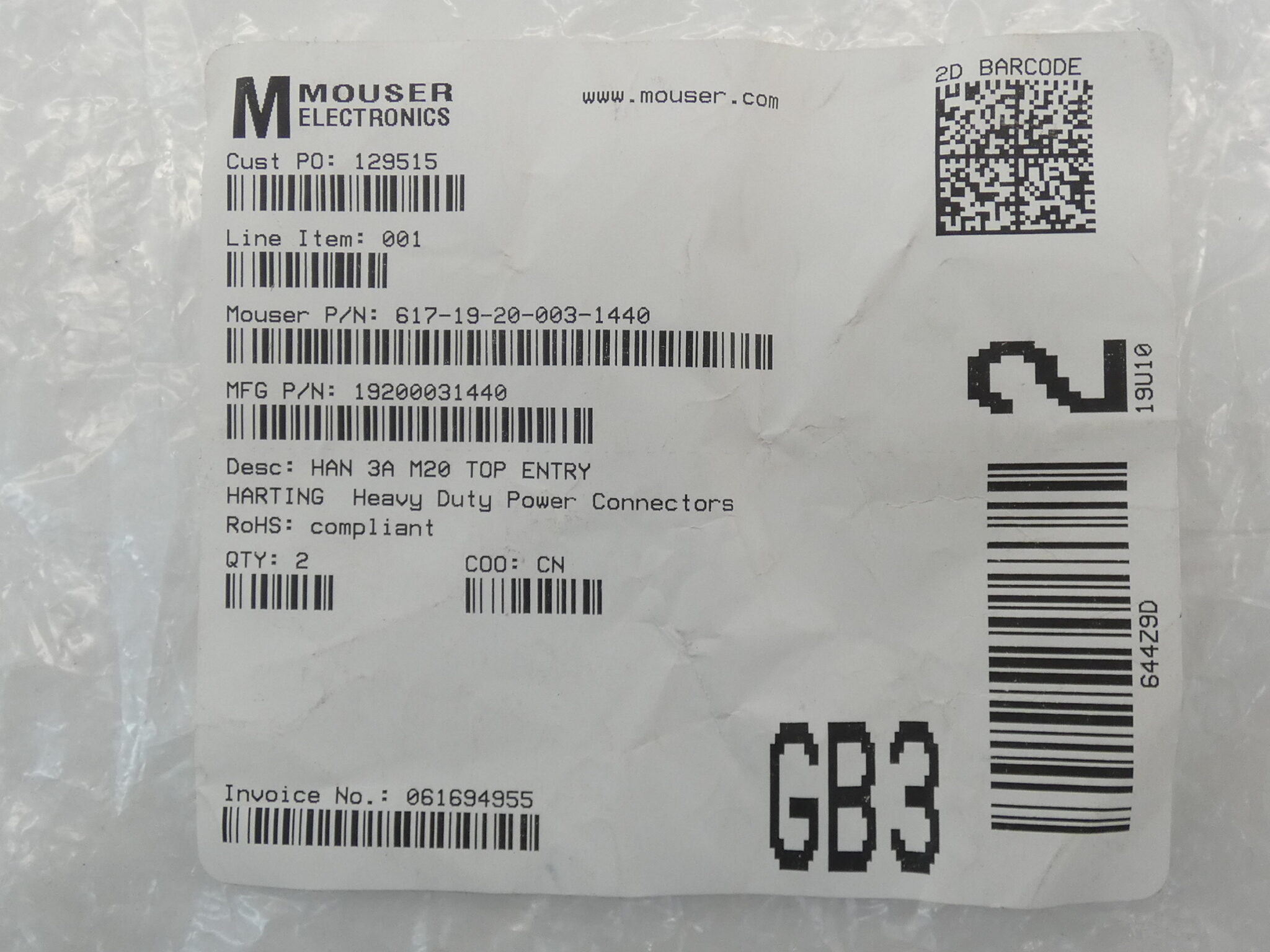 *Lot of 2* Harting 19200031440 Heavy Duty Power Connectors – GPM Surplus
