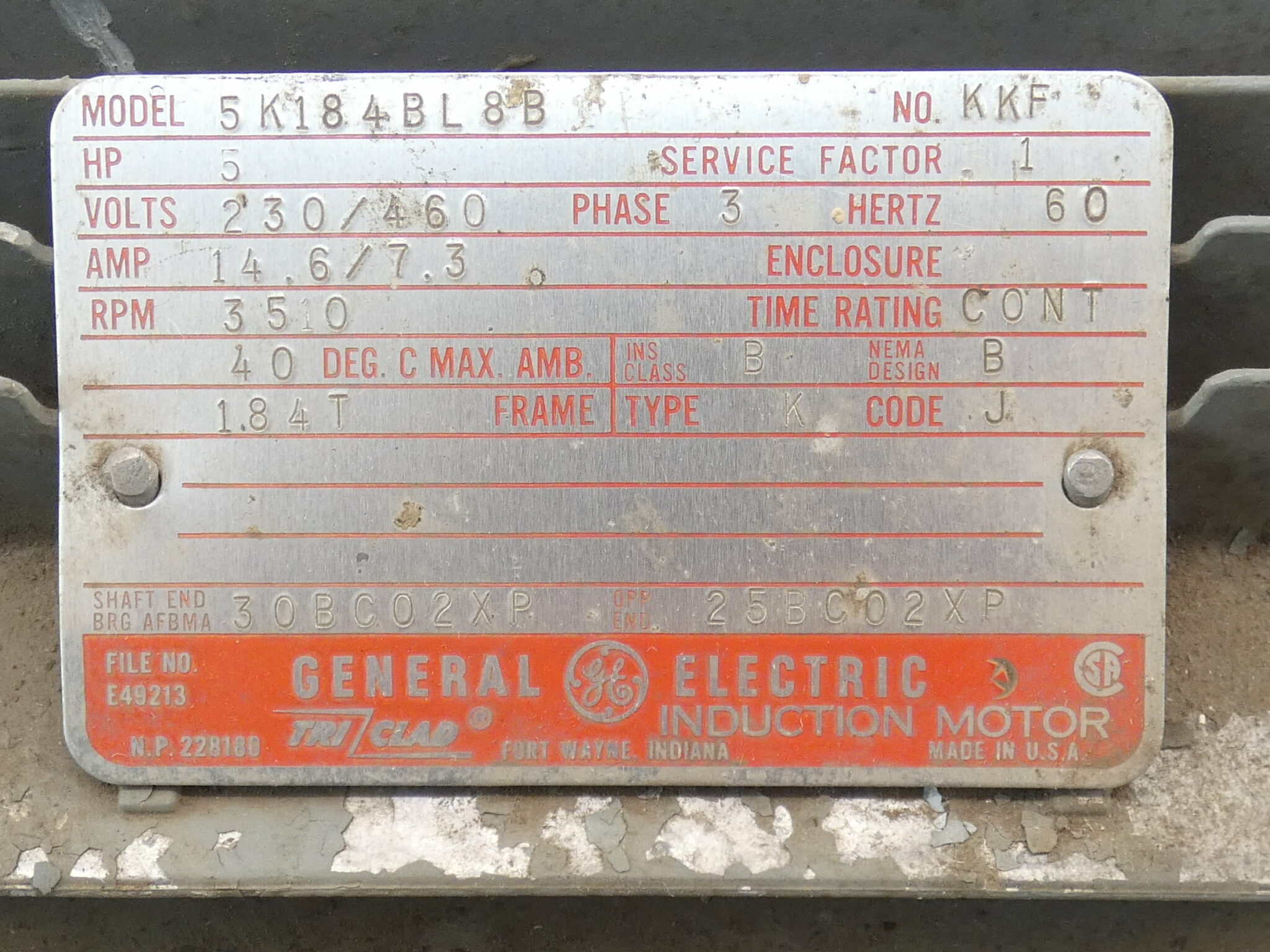 5HP General Electric 5K184BL8B Motor 184T Frame 230/460V 3510RPM 3PH ...