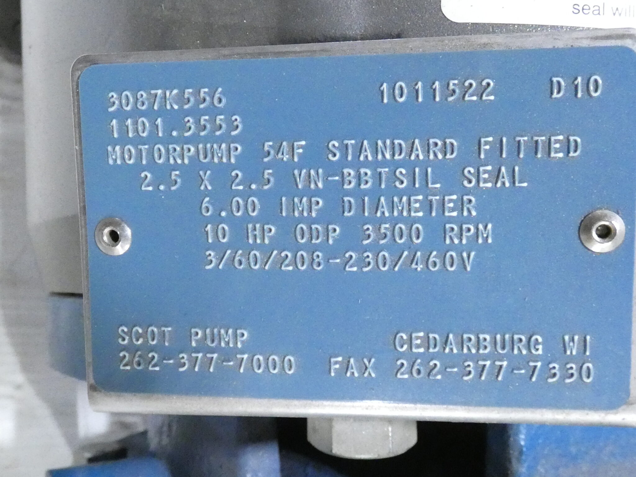 10HP Scot MotorPump 54F, 2.5 X 2.5, 6″ Impeller Dia, 208-230/460V ...