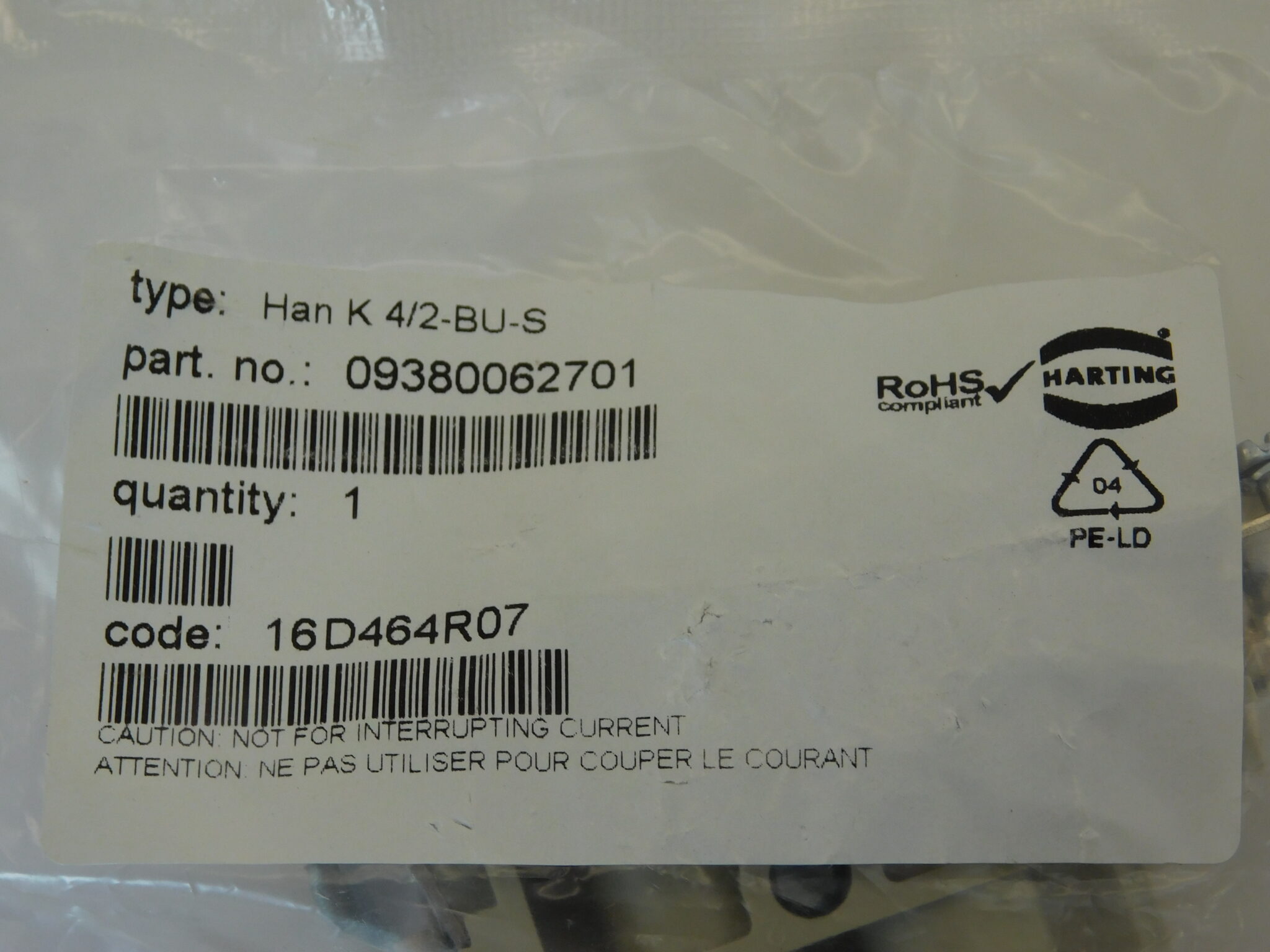 Harting 09380062701 Female Insert Connector, Han K 4/2-BU-S – GPM Surplus
