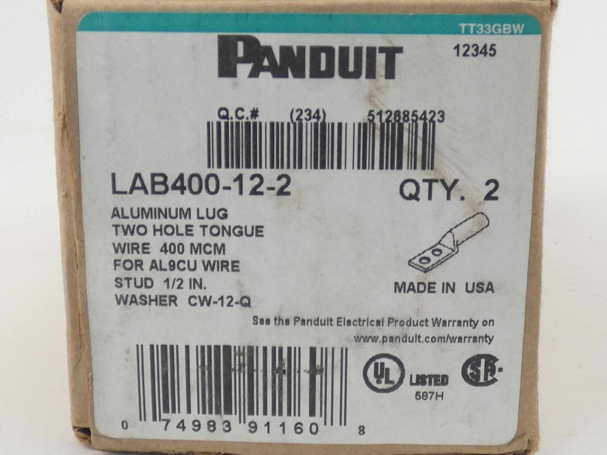 Panduit LAB400-12-2 Aluminum Lug Two Hole Tongue, wire 400 MCM, 1/2 ...