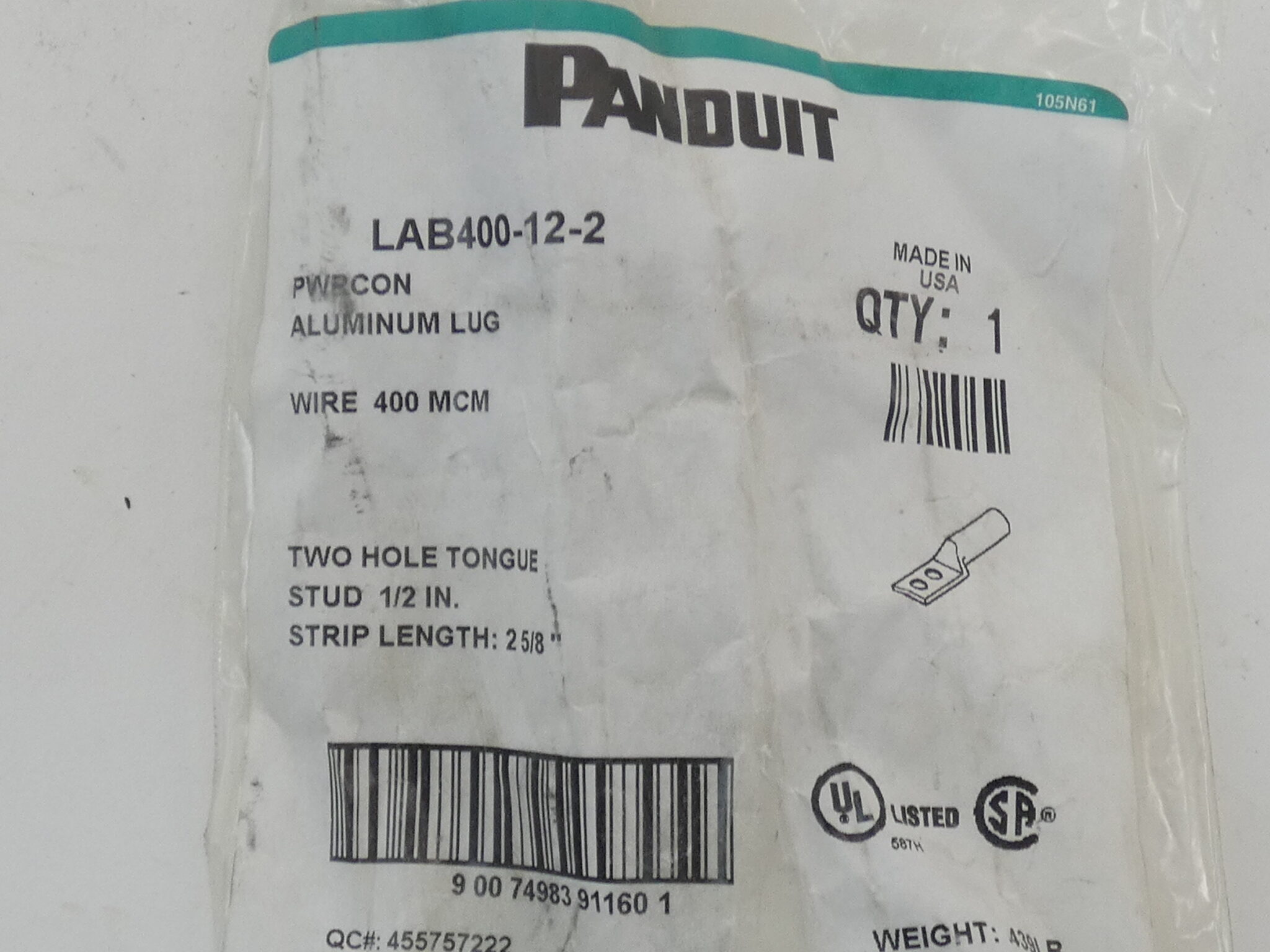 Panduit LAB400-12-2 Aluminum Lug Two Hole Tongue, wire 400 MCM, 1/2 ...