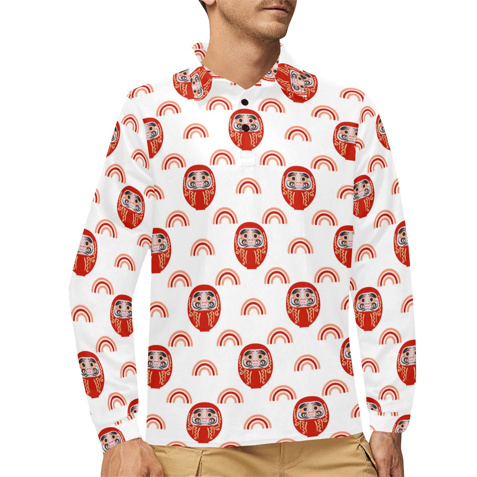 Daruma Japanese Wooden Doll Design Pattern Men’S Long Sleeve Polo Shirt ...