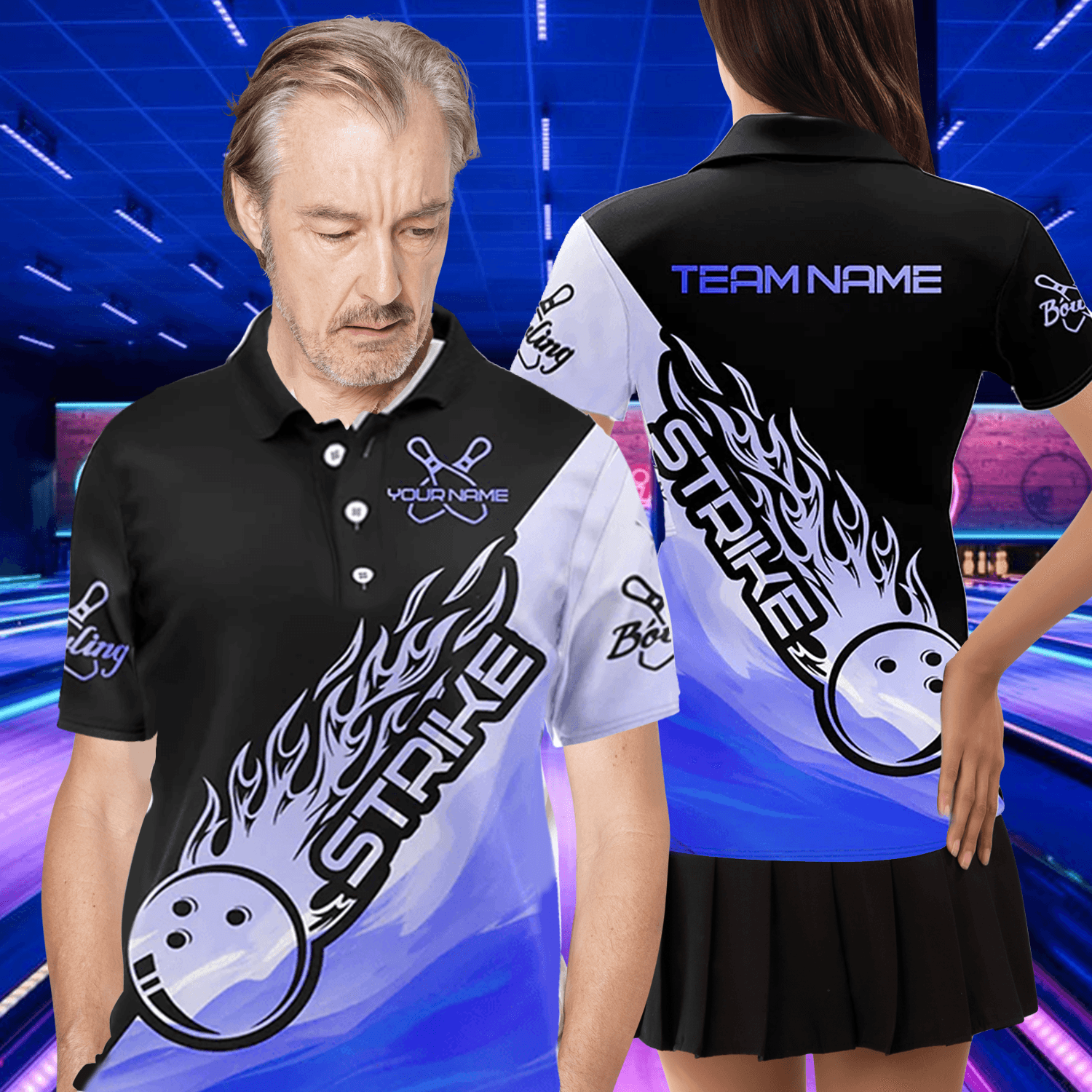 Personalized Blue Gradient Bowling Fireball Shirt Bowling Polo Shirt ...